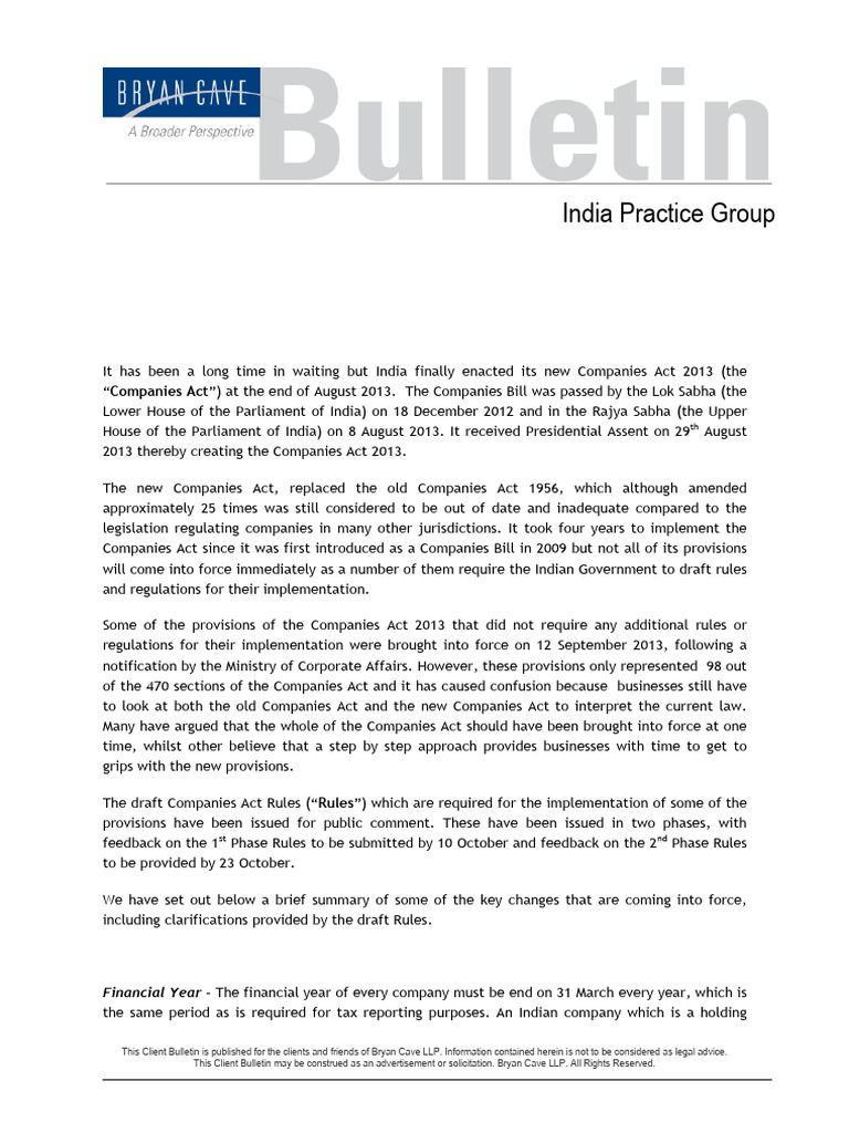 Bryan-Cave-Bulletin-Indian-Companies-Act-2013-The-Story-So-Far-O | PDF ...
