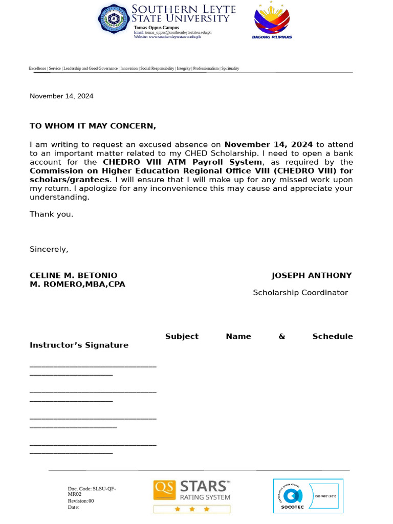 Excuse Letter of Celine | PDF