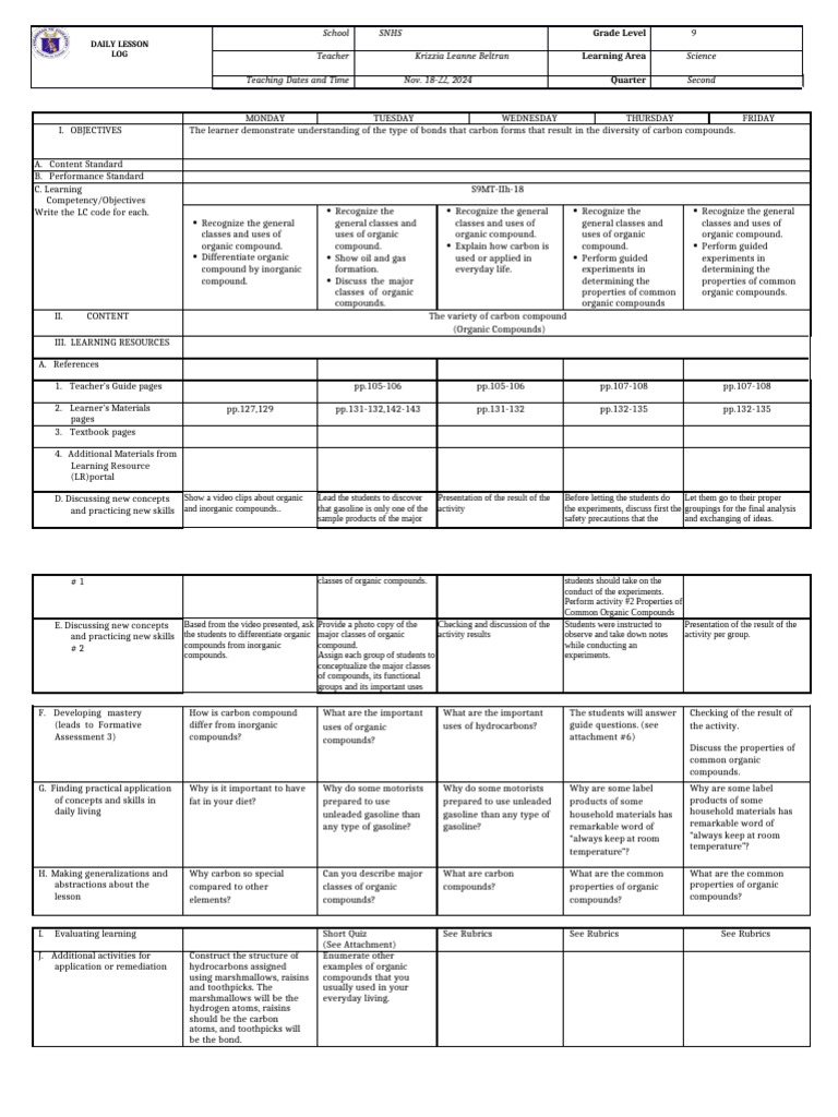 DAILY LESSON LOG Organic Compounds | PDF | Organic Compounds | Chemical ...