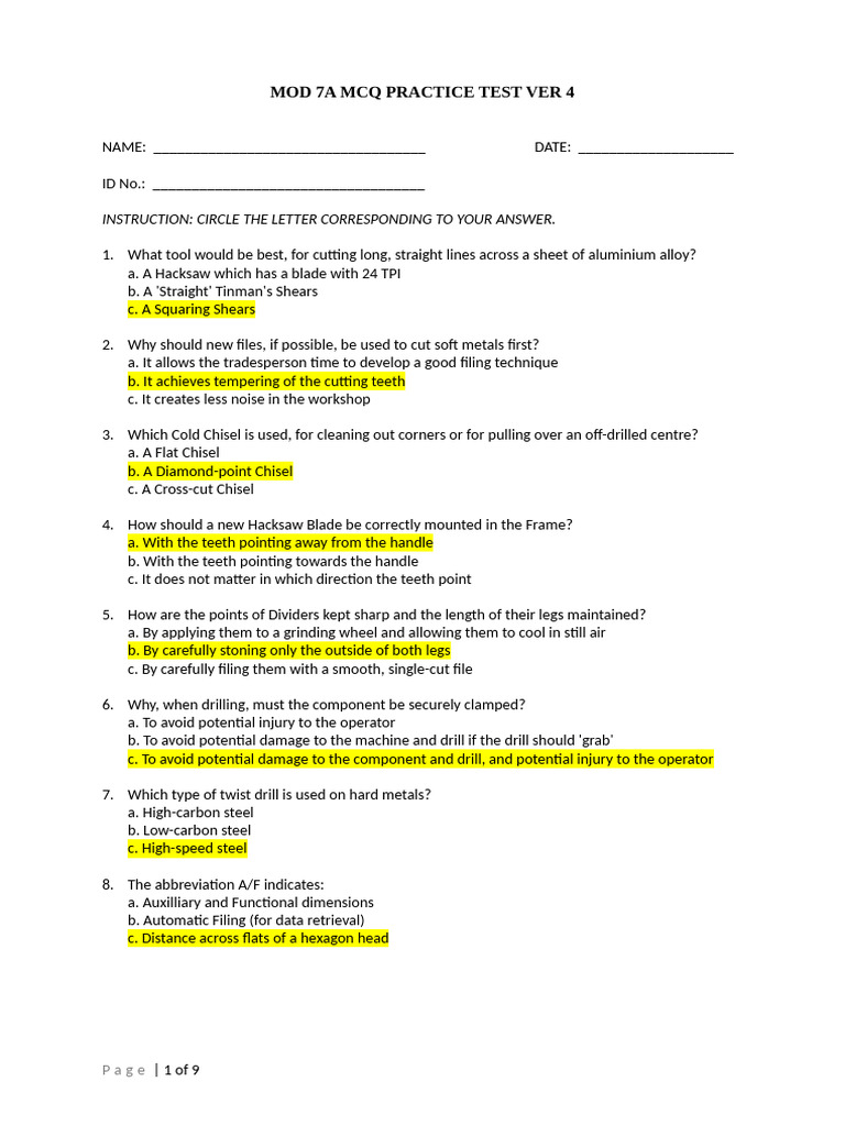 M7 MCQ Practice Test 4 KEY | PDF | Soldering | Electrical Connector