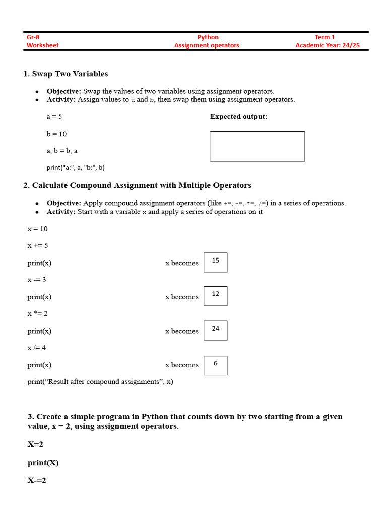 Python Assignment Operators Worksheet | PDF