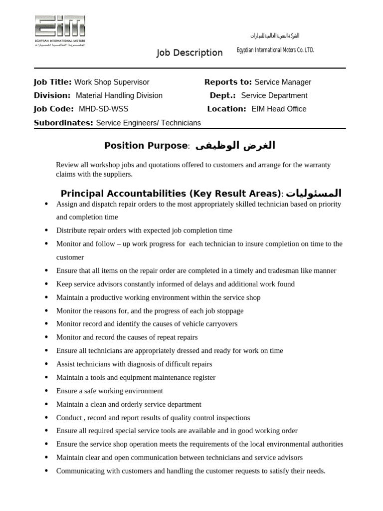 3 - WorkShop Supervisor TCM-EIM Job Description | PDF | Business