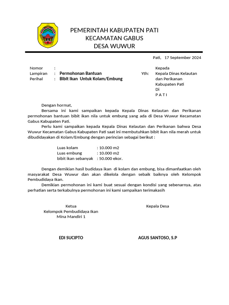 Surat Permohonan Bibit Ikan Untuk Embung-Kolam-1 | PDF