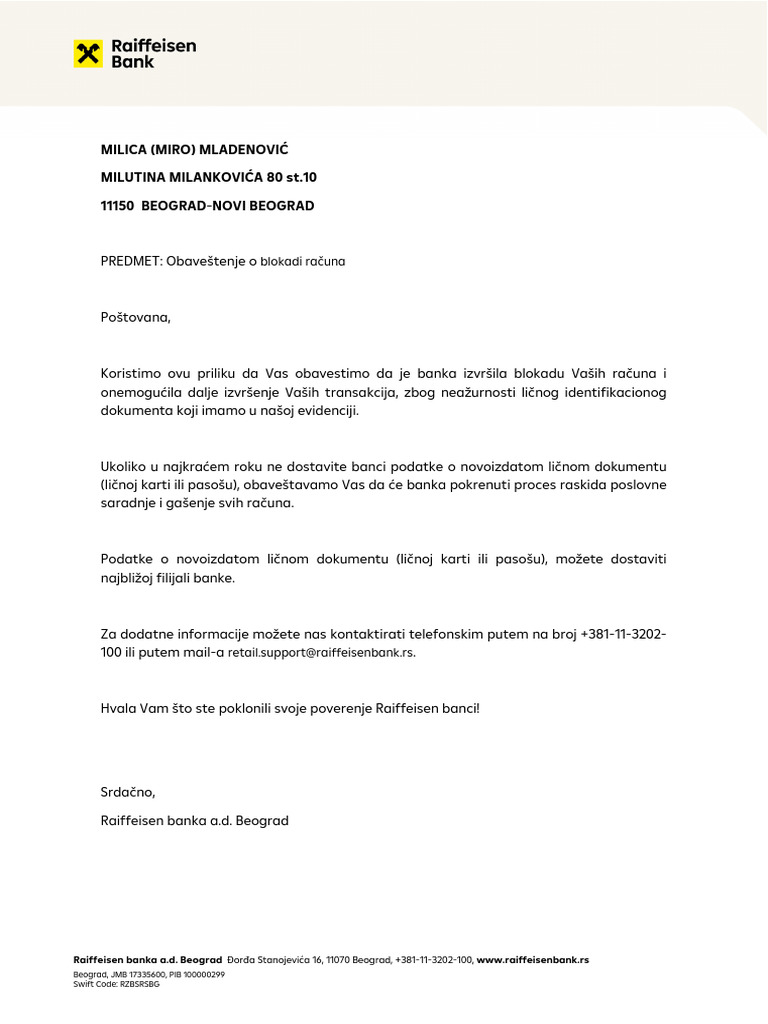 Obaveštenje o Isteku Važnosti Ličnog Dokumenta | PDF