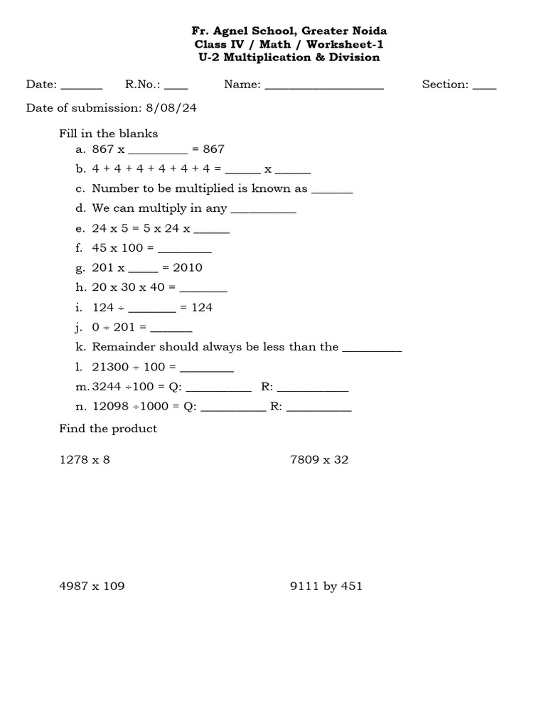 Class IV Math Worksheet on Multiplication & Division | PDF | Division ...