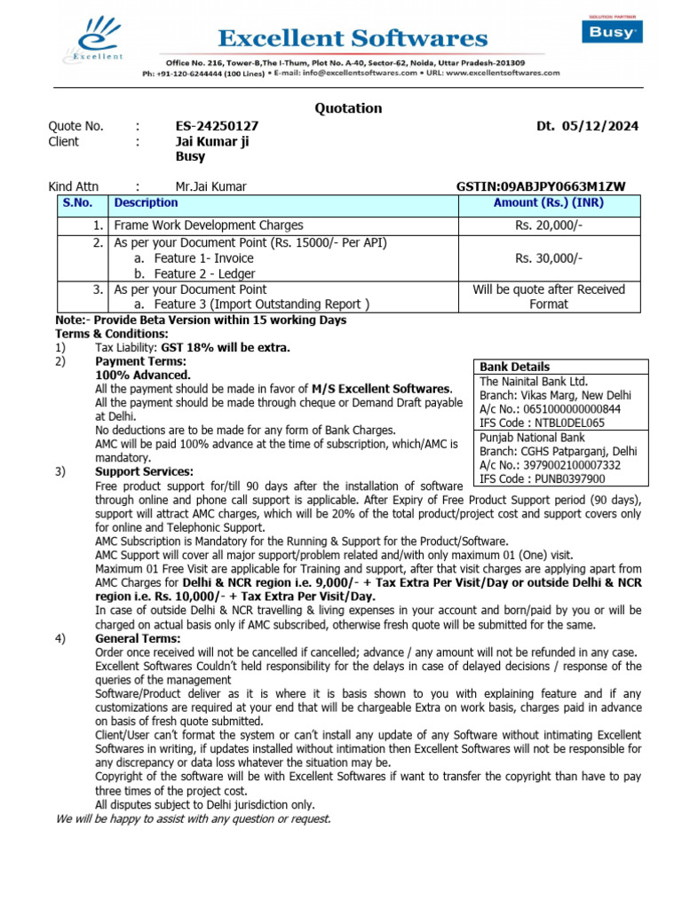 QuoteGen - ES24250127 Jai Kumar Busy | PDF | Software | Payments