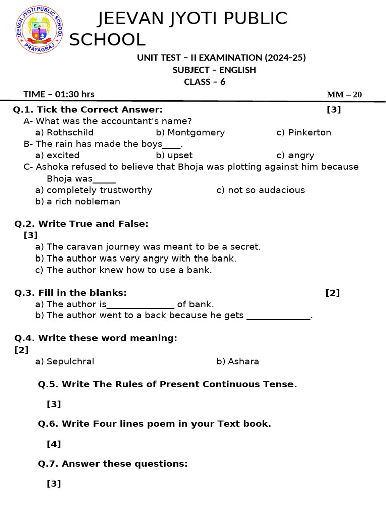 Class 6 English Unit Test II 2024-25 | PDF