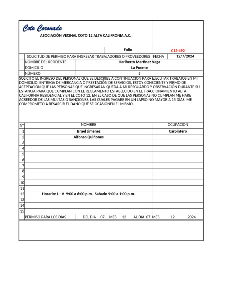 Formato de Solictud de Permiso Lleno | PDF