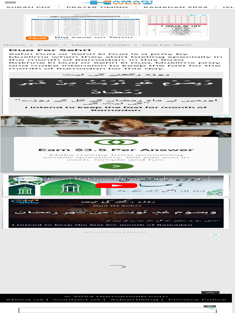 Roza Rakhne Ki Dua (Sehri Dua) | PDF