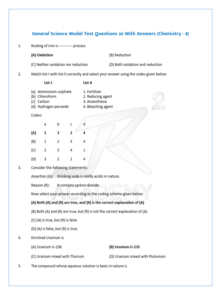 General Science Chemistry Test Questions | PDF | Redox | Hydroxide