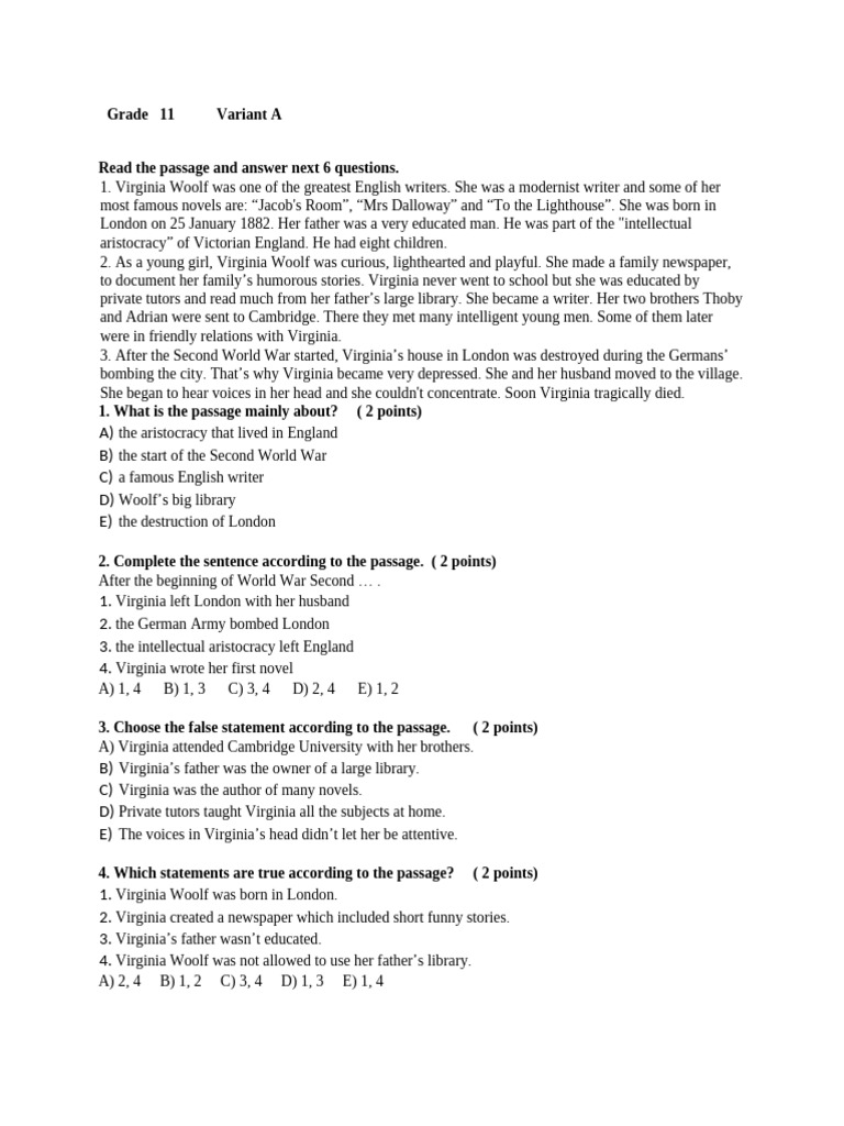 grade 11a | PDF | Subject (Grammar) | Virginia Woolf