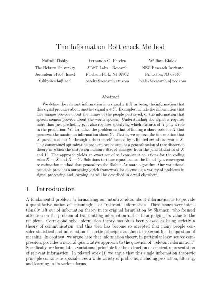 2540. 重The Information Bottleneck Method -2000 | PDF | Data Compression | Information