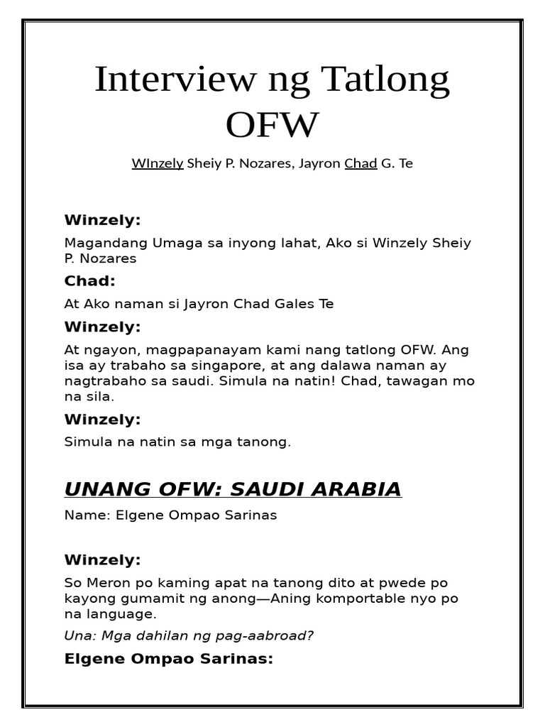 Interview NG Tatlong OFW | PDF