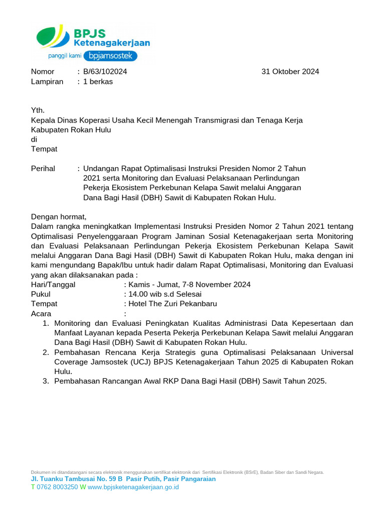 (REVISI) Surat Undangan Monev DBH Sawit 2024 | PDF