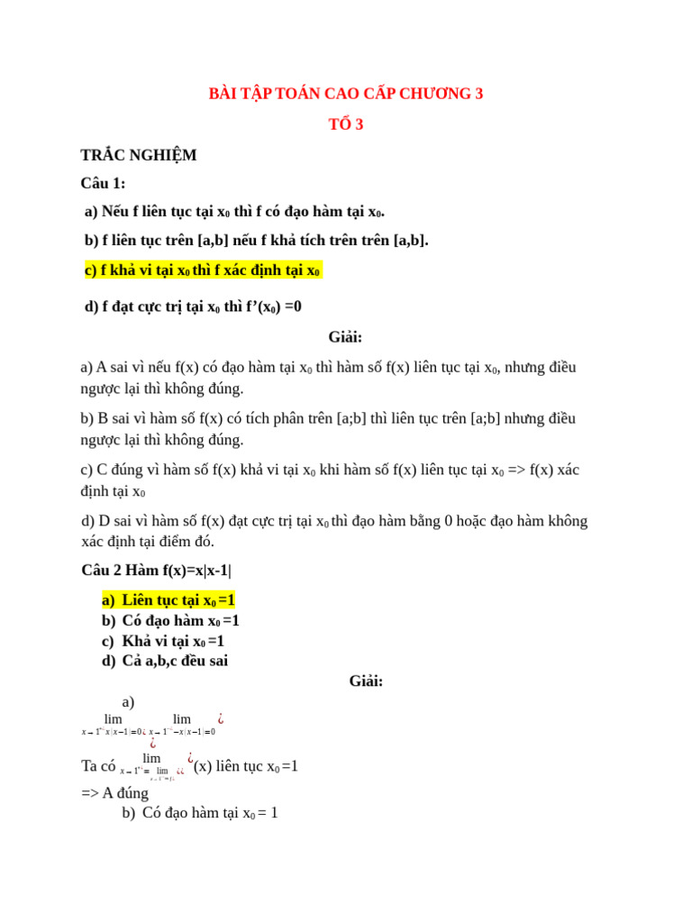 Bài Tập Toán Cao Cấp Chương 3 Tổ 3: lim lim lim | PDF
