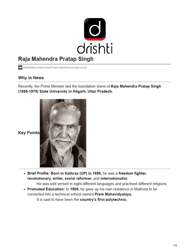 Raja Mahendra Pratap Singh's Legacy | PDF