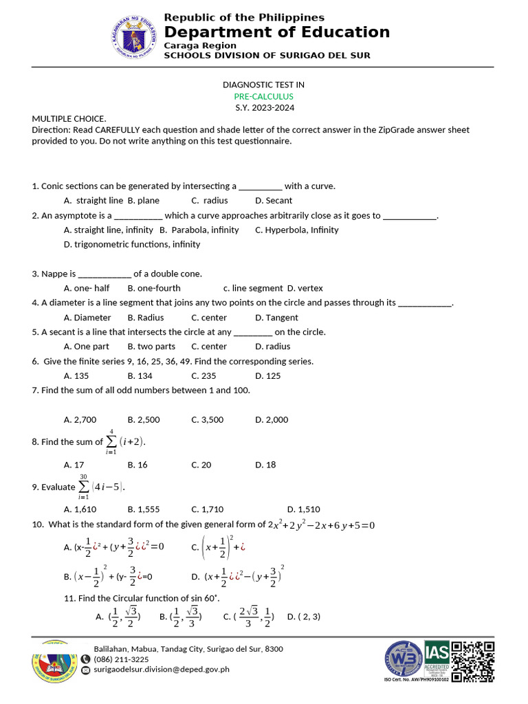 PRE-CALCULUS-Diagnostic-Test-SY.2023-2024 | PDF | Circle | Euclidean ...