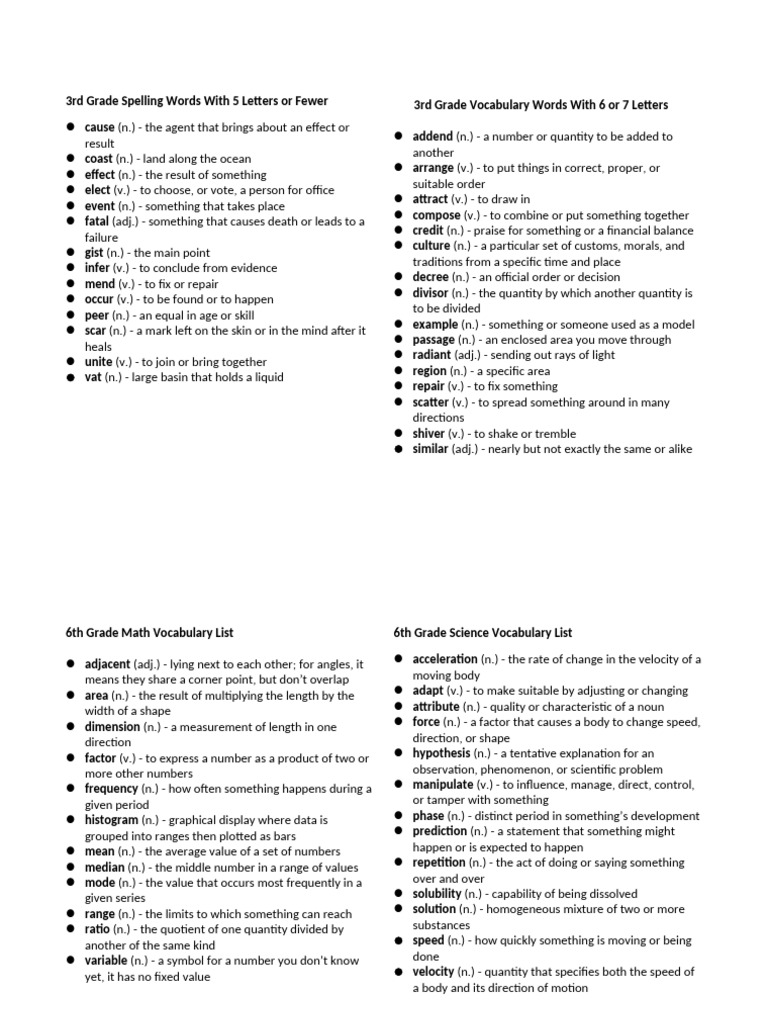 3rd to 6th Grade Vocabulary Lists | PDF | Science