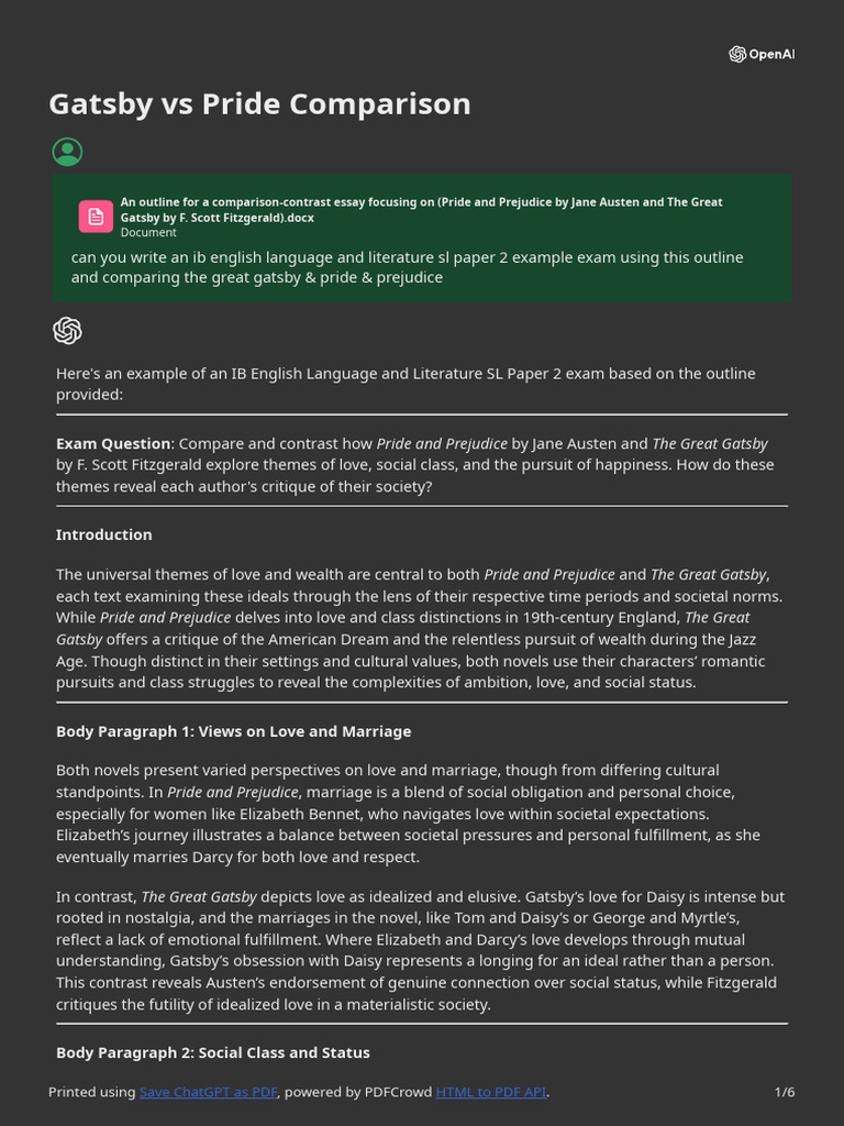 Gatsby Vs Pride Comparison | PDF | The Great Gatsby | Pride And Prejudice