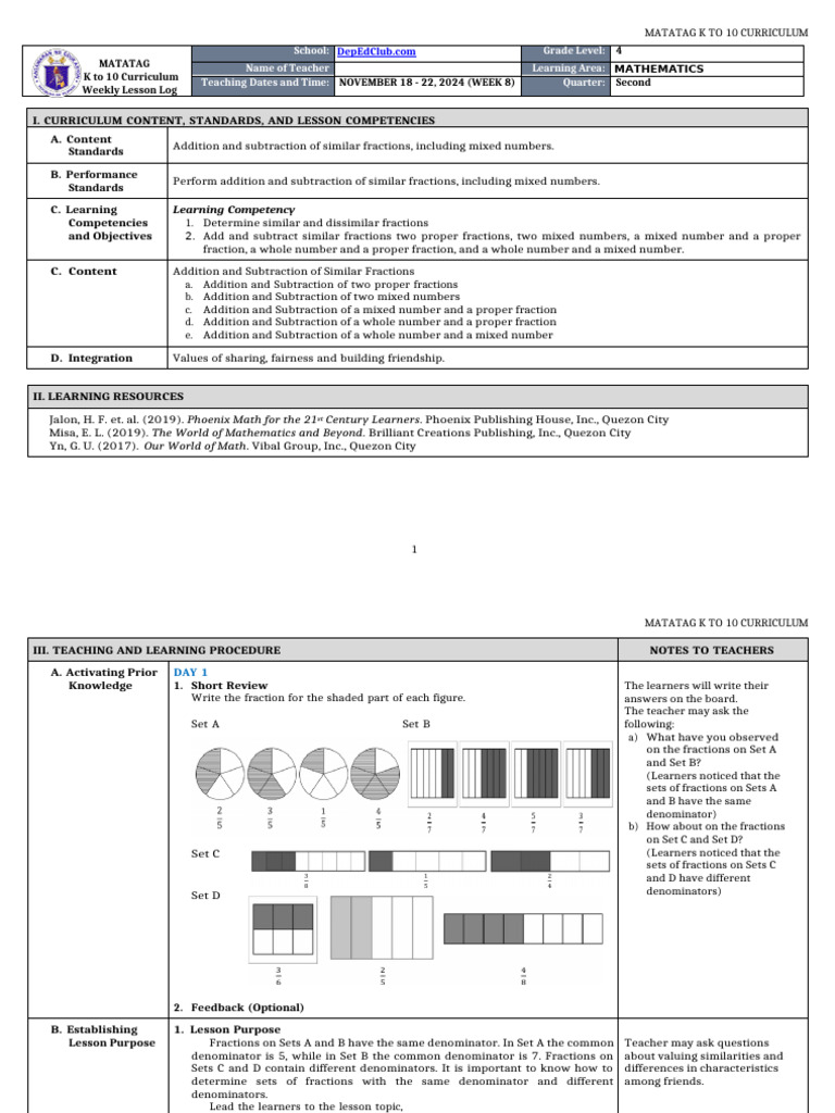DLL Matatag - Math 4 q2 w8 | PDF | Mathematics | Arithmetic