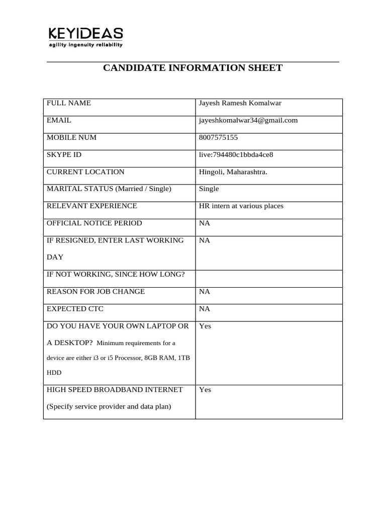 Jay Candidate Information Sheet | PDF | Personal Computing | Computer Architecture