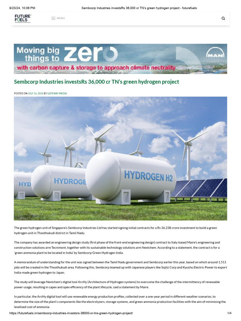 Sembcorp Industries investsRs 36,000 cr TN’s green hydrogen project ...