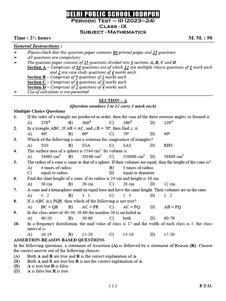 PT 3 Class 9 Maths | PDF | Sphere | Area