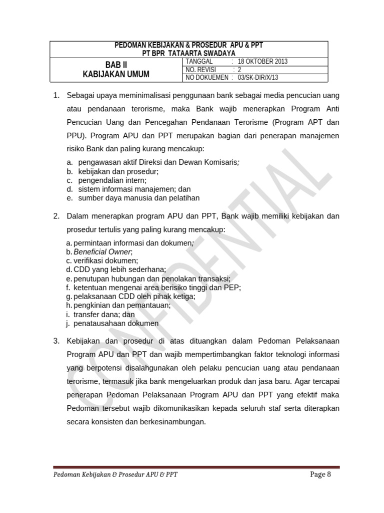 Pedoman APU dan PPT untuk Bank BPR | PDF