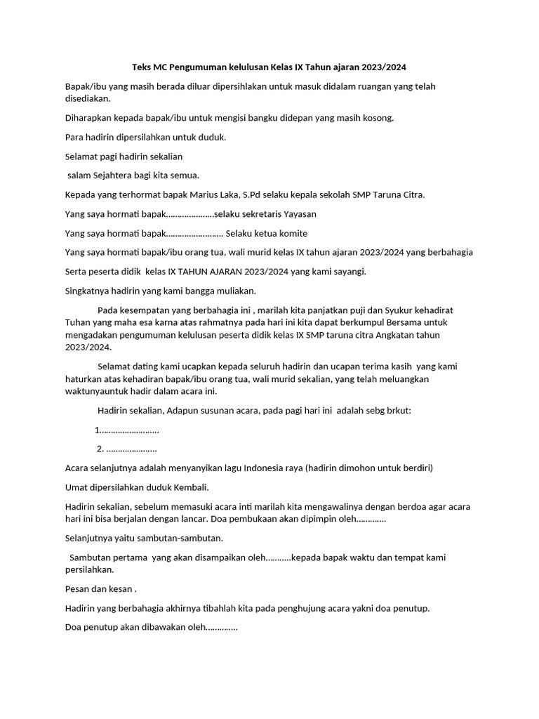 Teks MC Pengumuman Kelulusan Kelas IX Tahun Ajaran 2023 | PDF