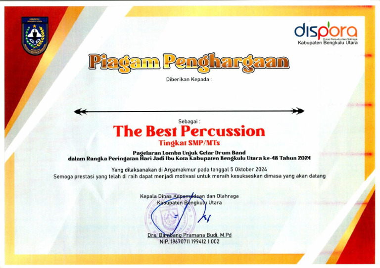 Piagam Penghargaan The Best Percussion | PDF