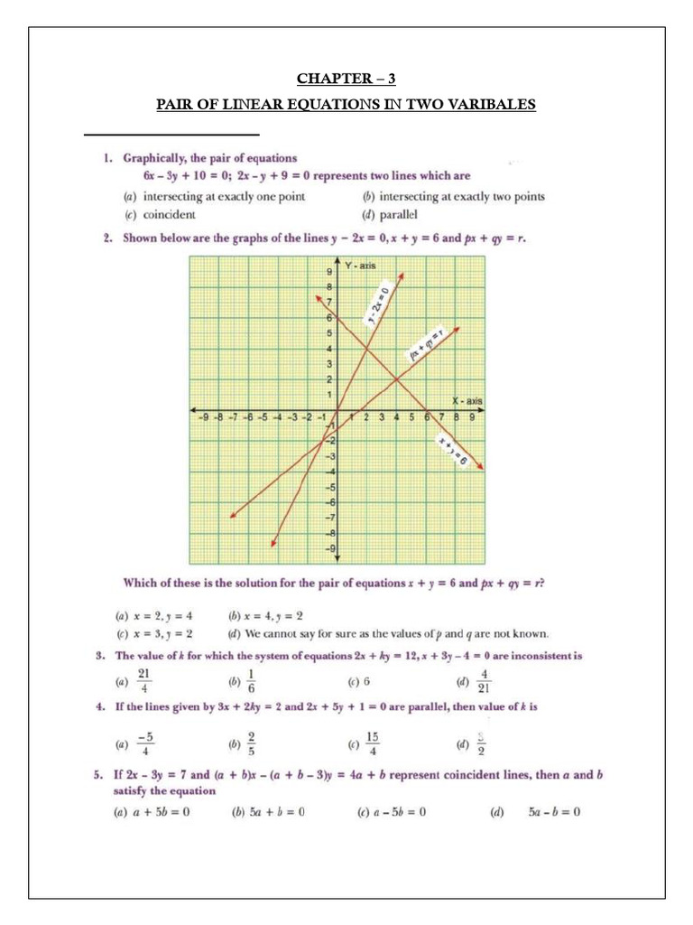 MCQs on Linear Equations in Two Variables | PDF