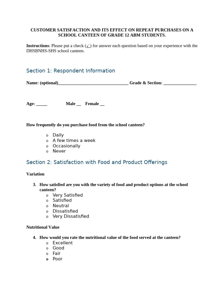 ResearchQuestionnaire Group4 | PDF | Customer Satisfaction