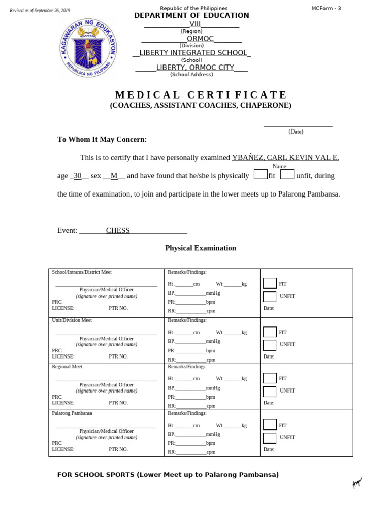 Medical Certificate For Coaches Asst. Coaches Chaperones | PDF | Health ...