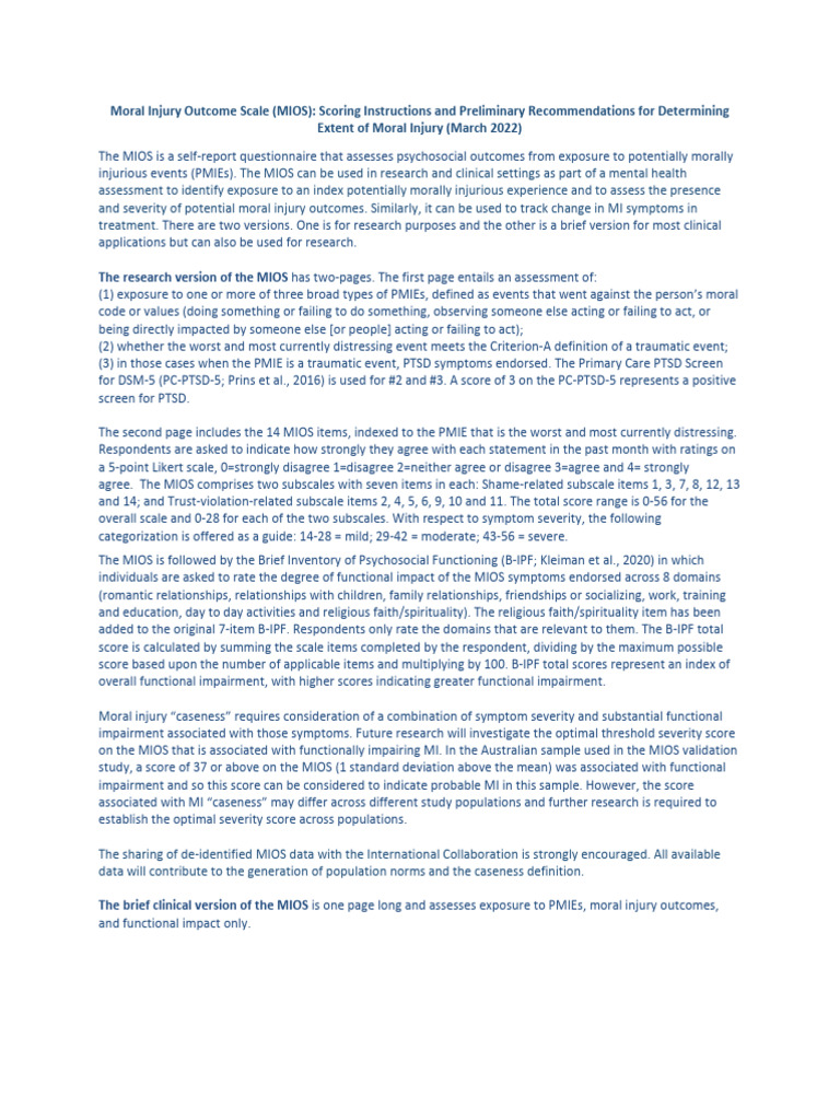 MIOS: Moral Injury Assessment Guide | PDF | Psychological Trauma ...
