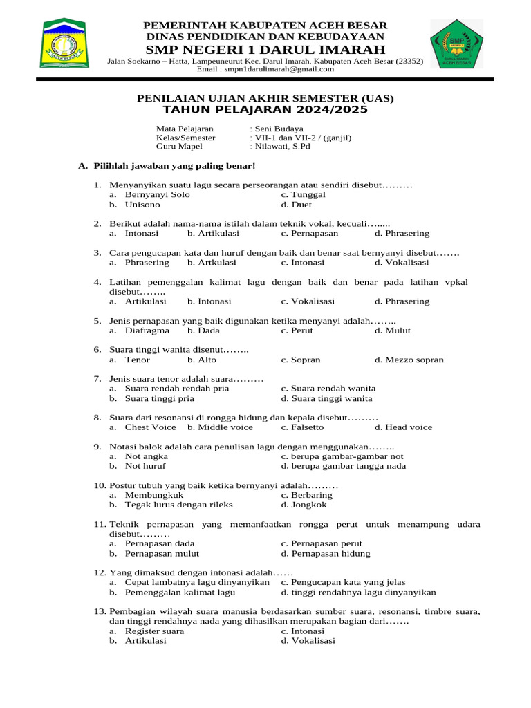 SOAL UJIAN SENI BUDAYA KELAS VII 2024 | PDF