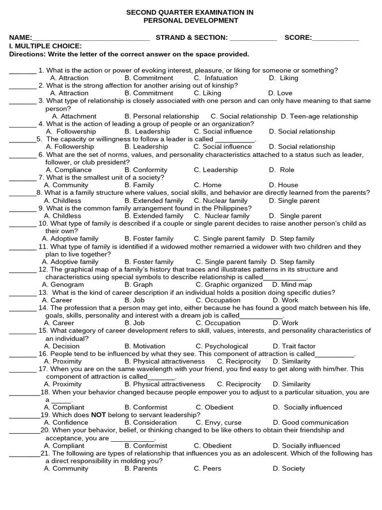 Second Quarter Examination in Perdev | PDF | Leadership | Family