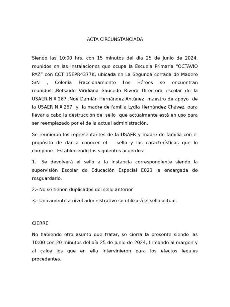 Acta de Reemplazo de Sello Escolar | PDF