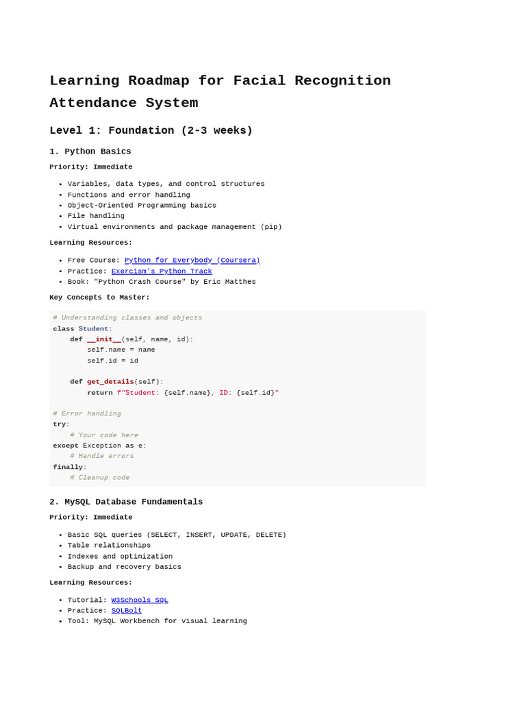 Learning Roadmap For Facial Recognition Attendance System | PDF | Sql | My Sql