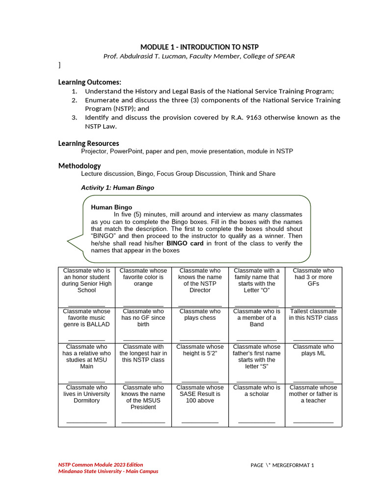 NSTP Module 1 - Introduction To NSTP | PDF | Reserve Officers' Training Corps | Philippines