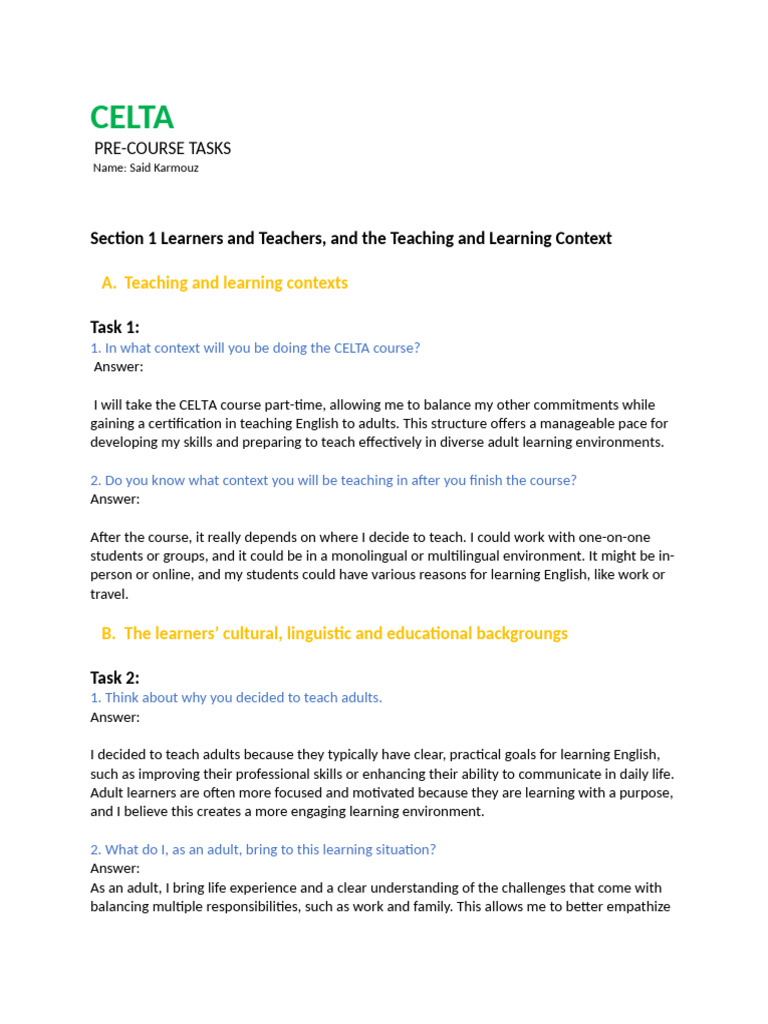 Celta Pre 3 | PDF | Verb | Learning