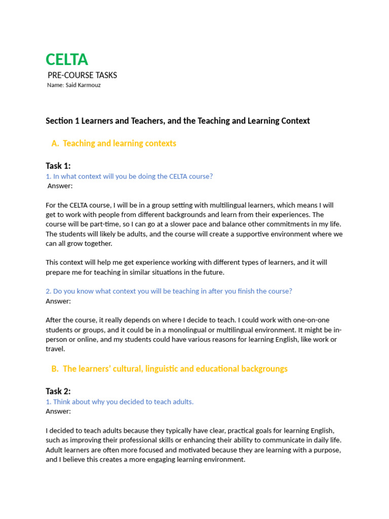 Celta Pre 2 | PDF | Verb | Learning