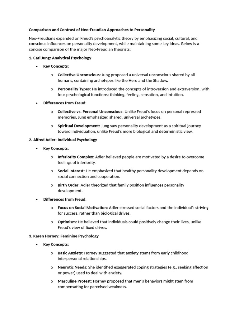 Comparison and Contrast of Neo-Freudian Approaches To Personality | PDF ...