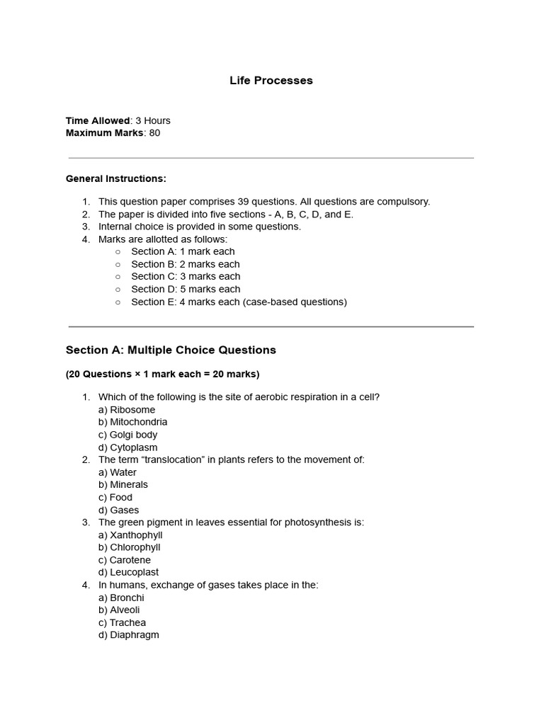 Life Processes Question Paper | PDF | Heart | Blood