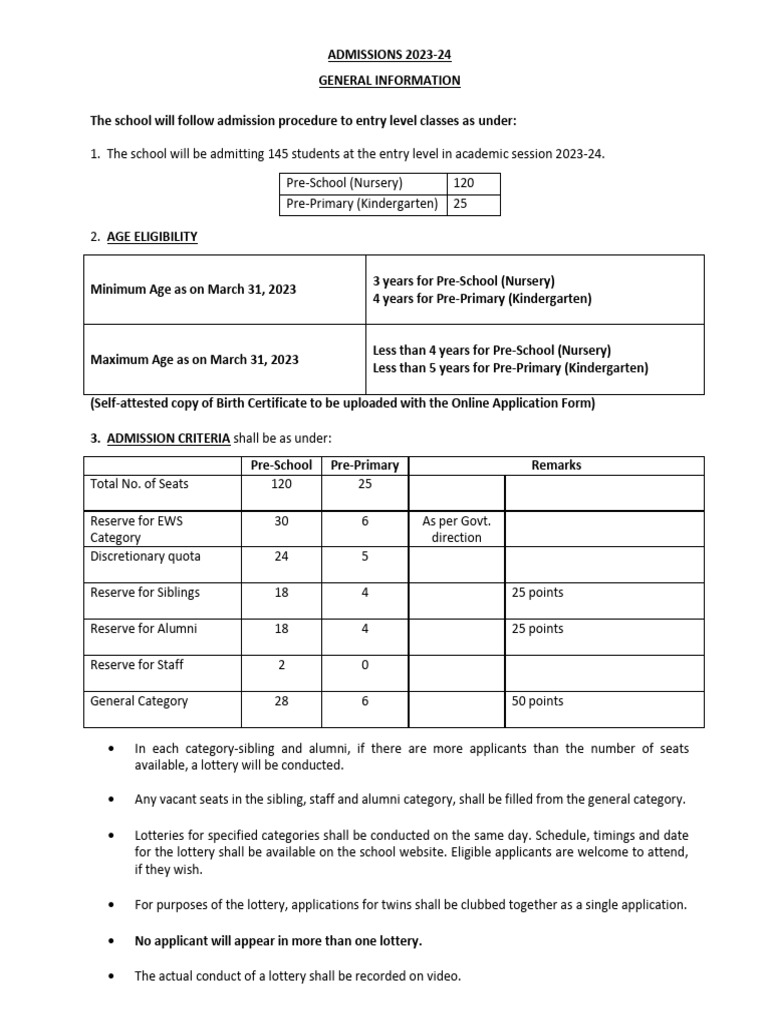 Admission General Info 2023 24 | PDF | Preschool | Government