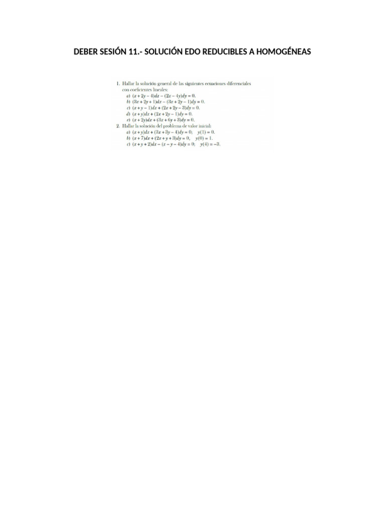 Deber Sesiã N 11 - SoluciÃ N EDO Reducibles A Homogã©neas | PDF