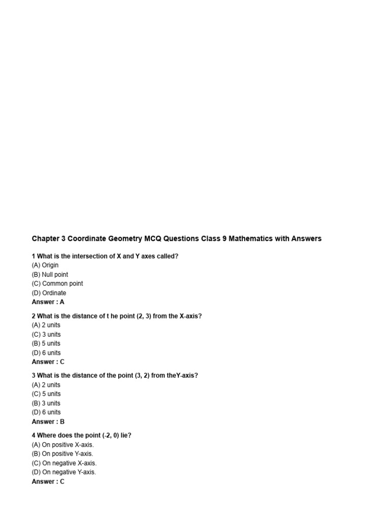 CBSC 9 Coordinate Geometry MCQs | PDF | Cartesian Coordinate System ...