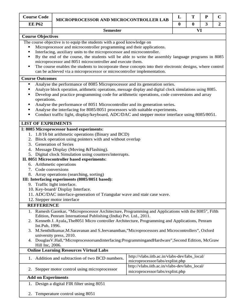 EE P62 Microprocessor & Microcontrollers Lab | PDF | Microcontroller | Microprocessor