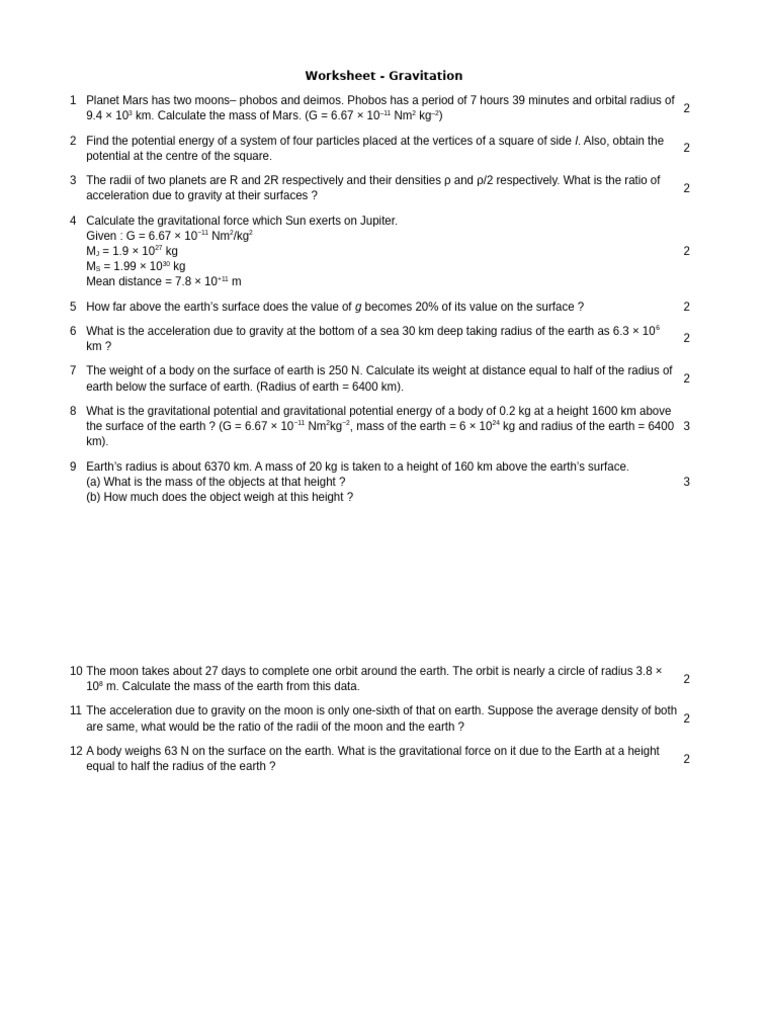 Physics worksheet_gravitation | PDF | Mass | Gravity