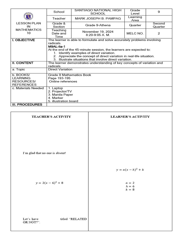 Final Demo Lesson Plan-Direct Variation-1 | PDF | Variable (Mathematics ...