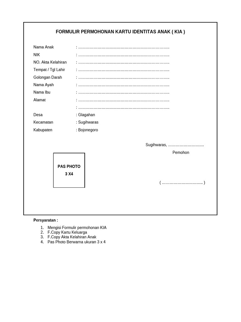Formulir Permohonan Kartu Identitas Anak | PDF